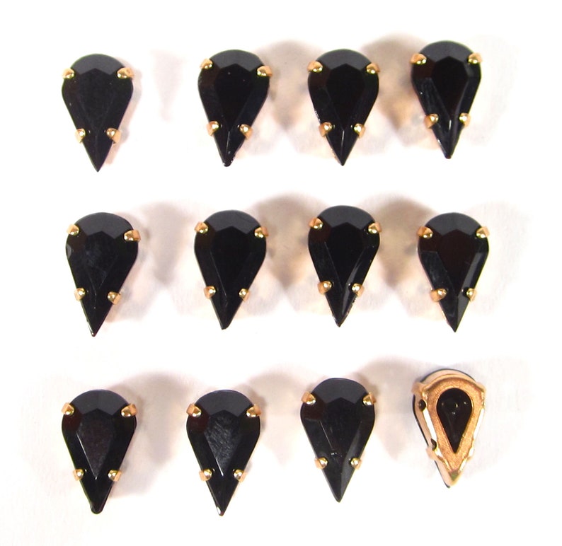 12 Vintage Glass Stones 1970s Jet Black Rhinestones 13x8 Drop - Etsy