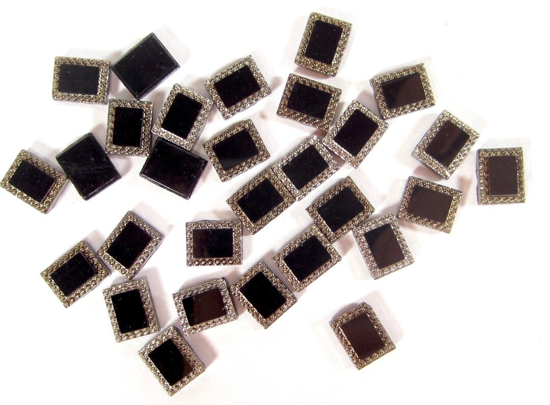 4 Handmade Black Glass Stones Cabochons Rectangle Pattern 10x8mm Silver ...