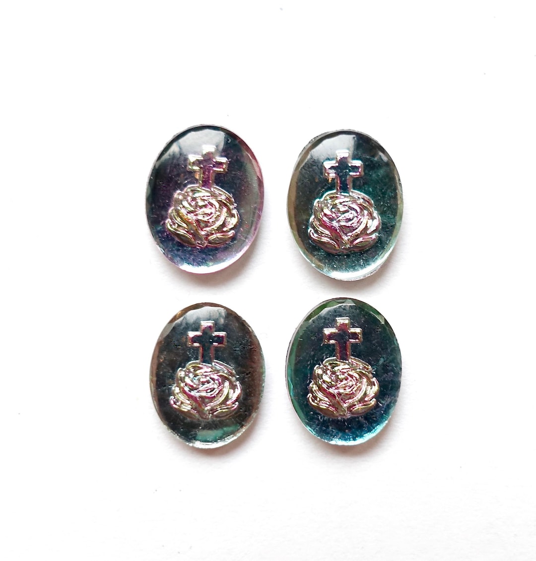 4 Cabochons Cross Rose Oval Handmade Glass Stones 10x8mm Blossom Flower ...
