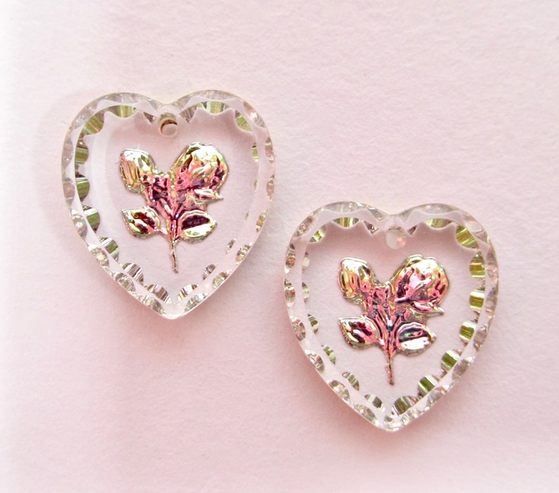2 Handmade Heart Rose Pendant Glass Stones 15x14 Mm Heart Charm Crystal ...