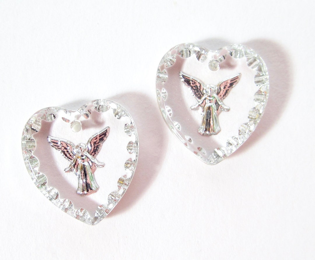 2 Handmade Glass Stones Pendant Heart Angel 15x14 Mm Silver Transparent ...
