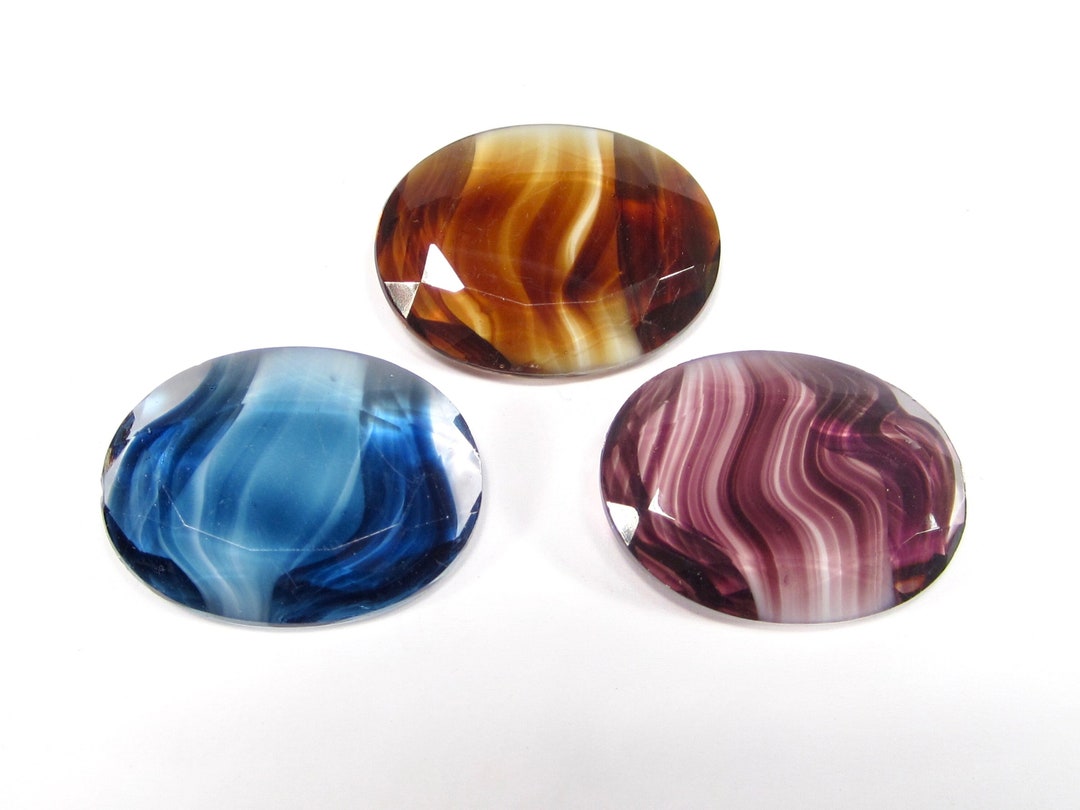 2 Large Handmade Glass Stones 40x30 Mm Oval Blue Brown Purple Streaks ...