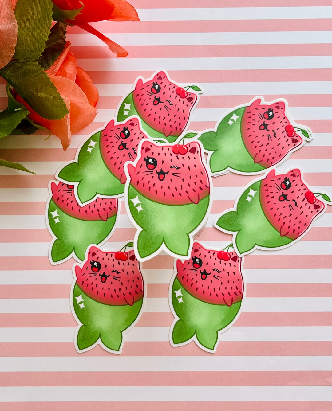 Kitty Strawberry Mermaid Sticker, Cat Lover Sticker, Laptop Sticker ...