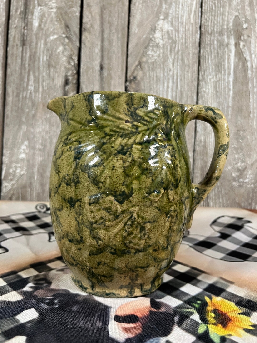 19th Century Green Spongeware Pitcher With Flowers Design - Etsy