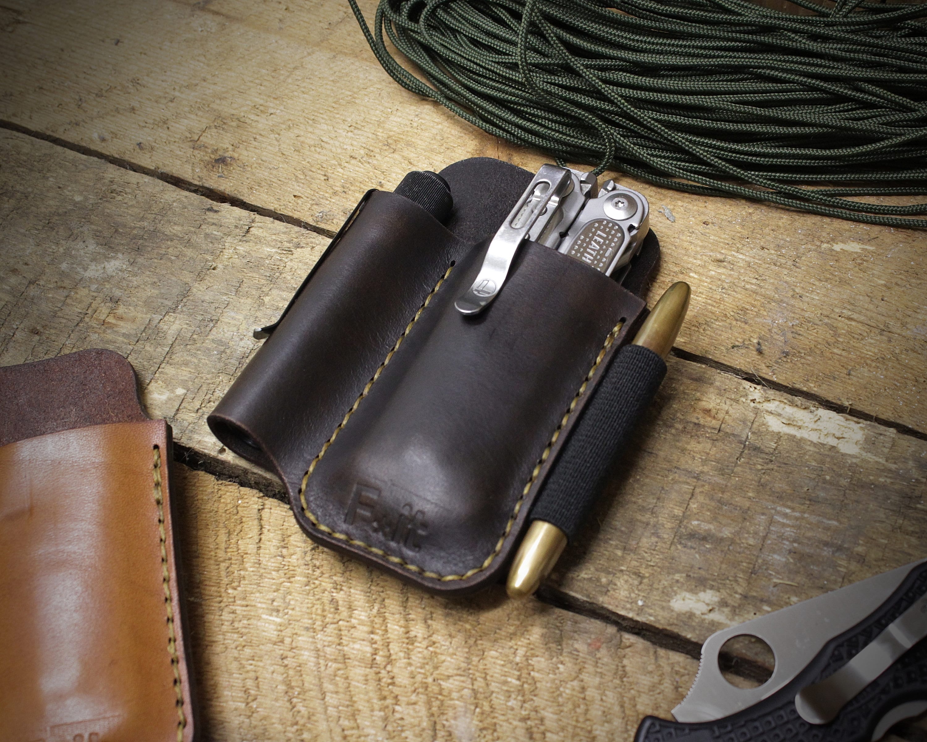 Handmade Leather EDC Organizer With Belt Loop, Knife, Flashlight, Pen ...