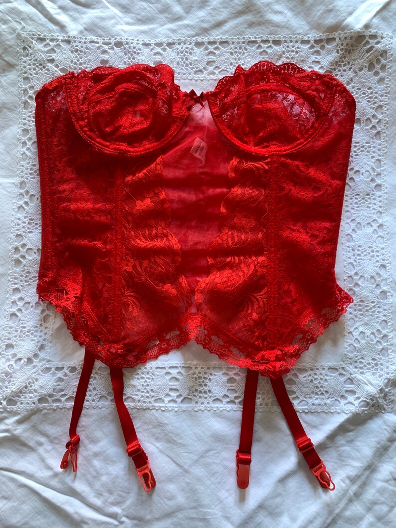 80s Red Lace Basque 75B 34B Vintage Merry Widow | Etsy UK
