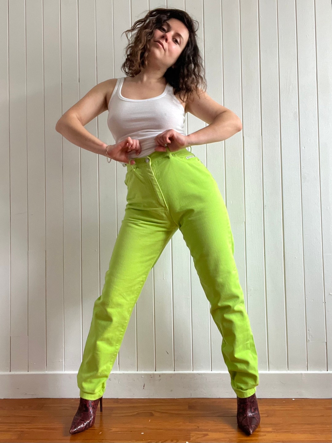 Vintage 80s KENZO Lime Green High Waisted Jeans Tapered Leg Size Small ...