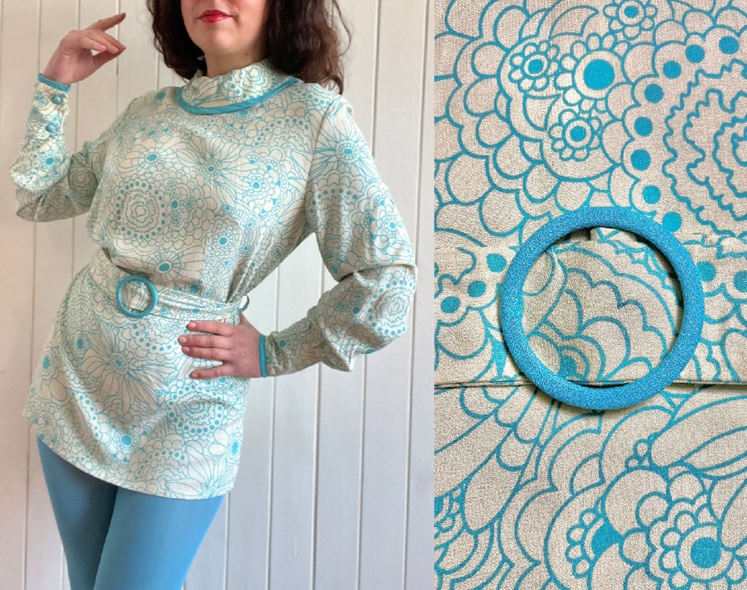 60s Mini Go Go Dress White Turqouise Floral Print Belted Blouse Vintage ...