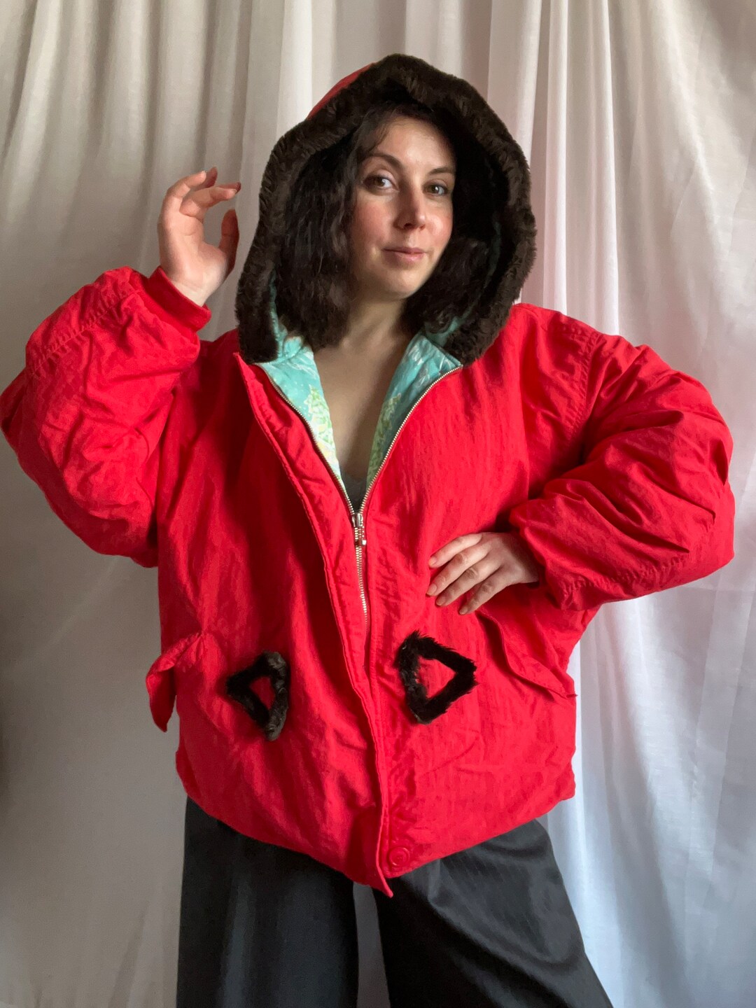 80s Red Outdoor Puffer Jacket CHIPIE Faux Fur Hood Reversible Winter ...
