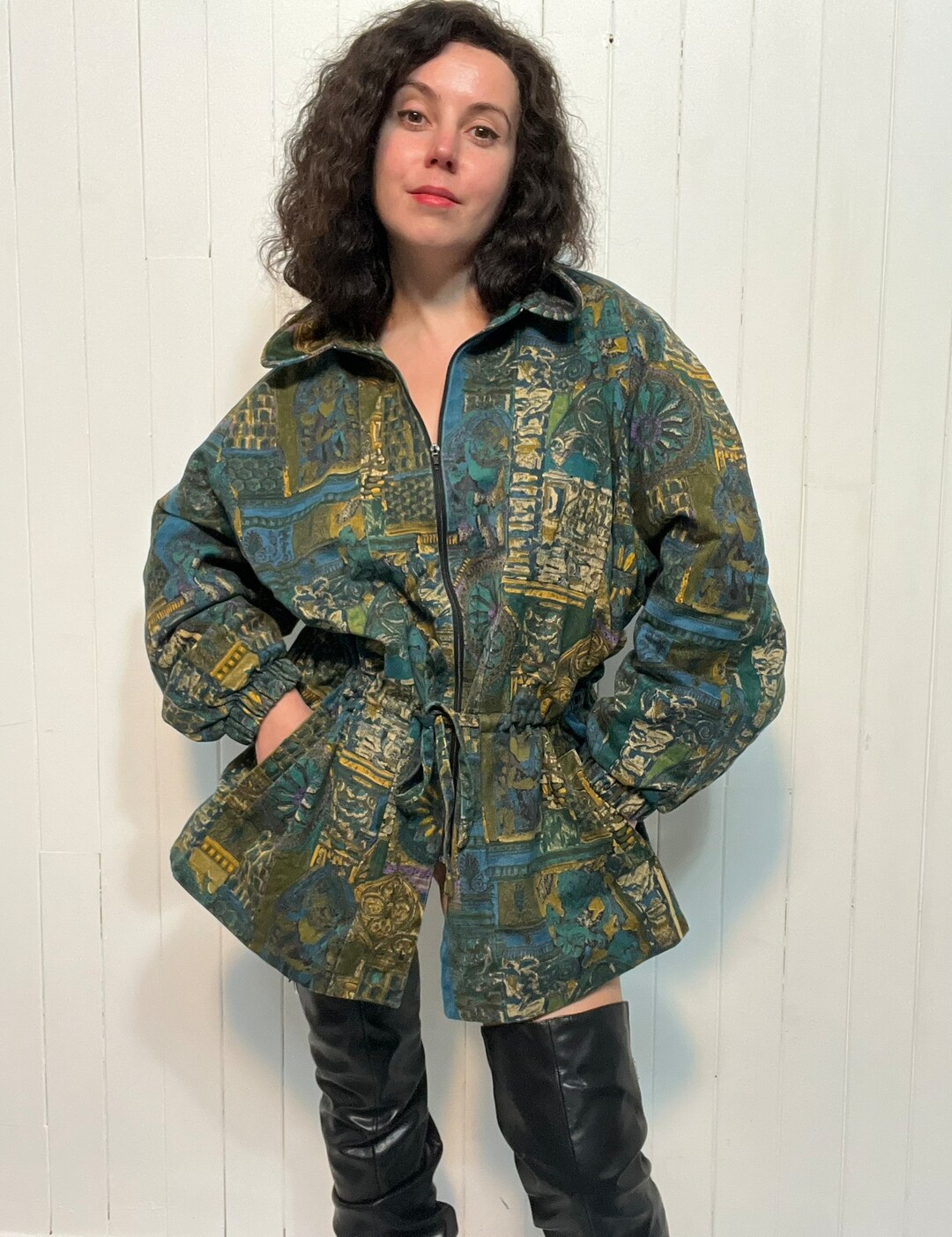 90s COTTON Parka GOTHIC Architecture Pattern Retro Winter Sport Ski ...