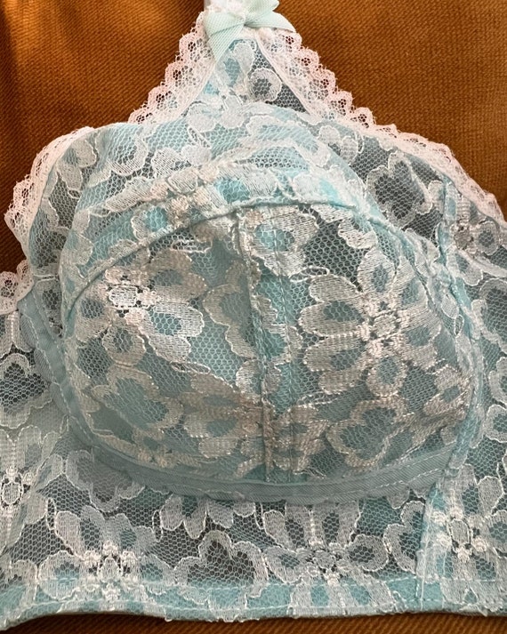 Soviet Vintage Blue Nylon and Lace Bullet Bra 60s 70s… - Gem
