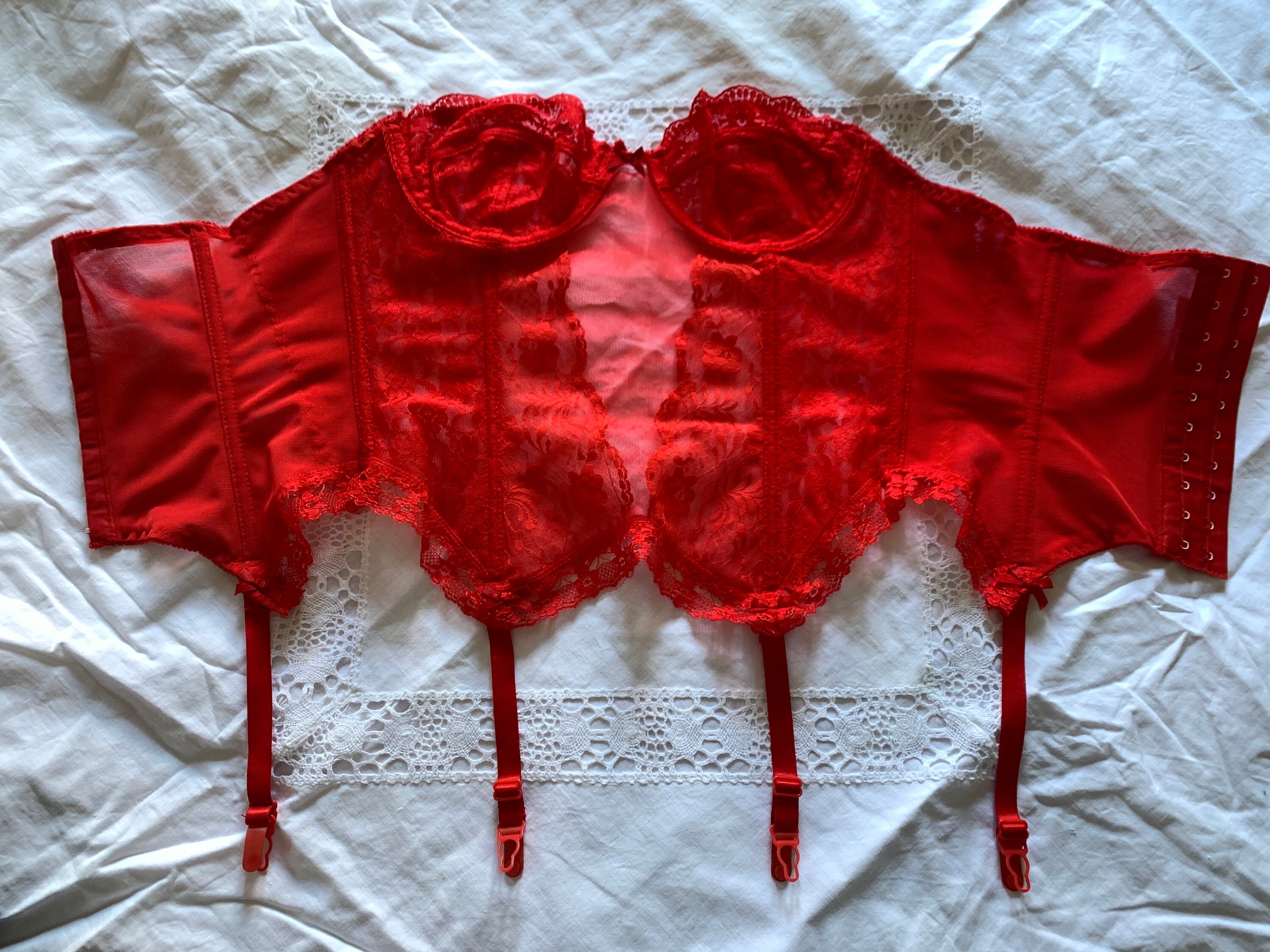 80s Red Lace Basque 75B 34B Vintage Merry Widow | Etsy UK