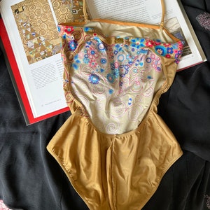 70s 80s Golden One-piece Swimsuit GUSTAV KLIMT Inspired Floral Vintage ...