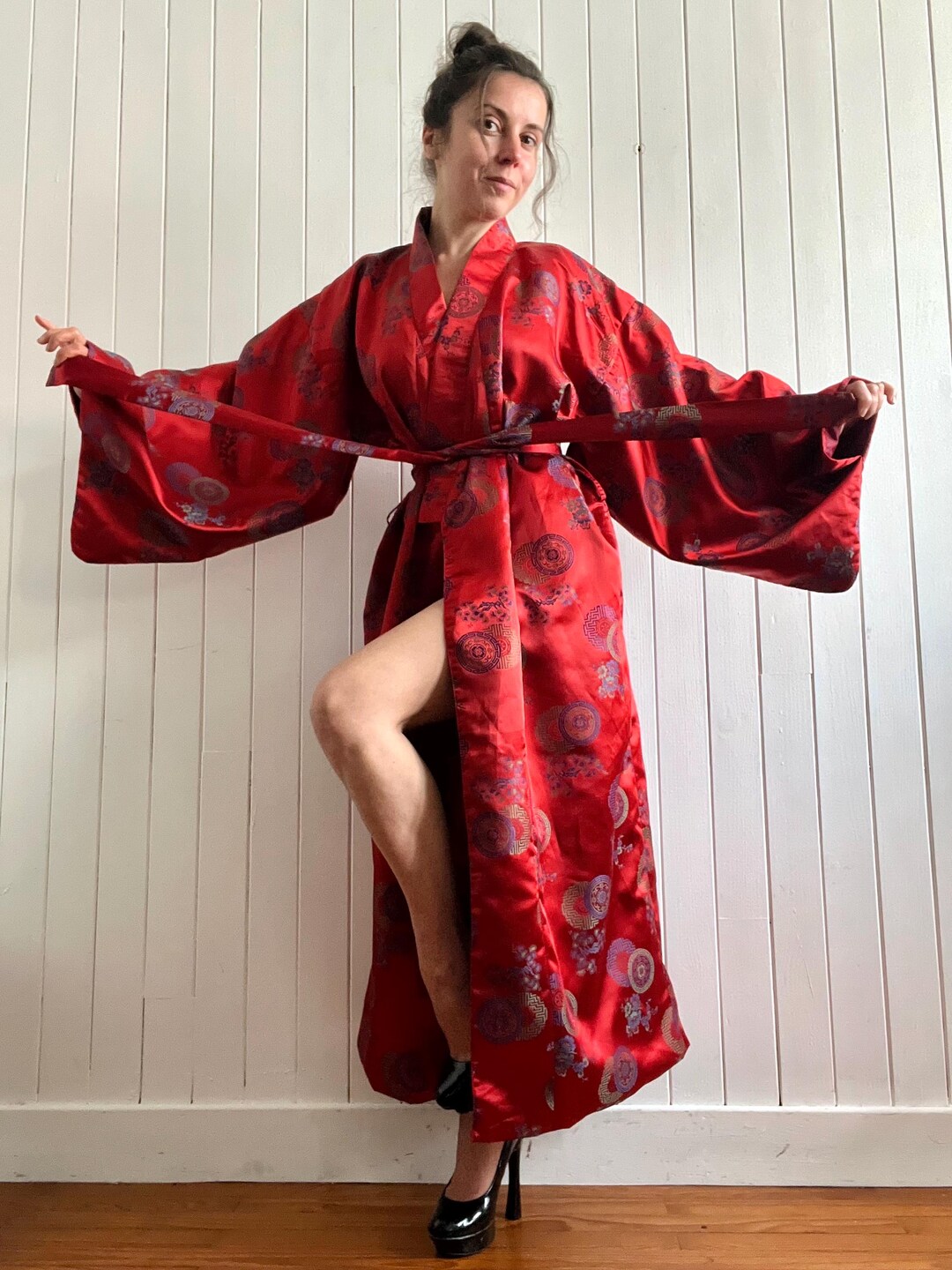 Vintage Japanese Dark Red Kimono - Polyester Satin - Size Large - Asian ...