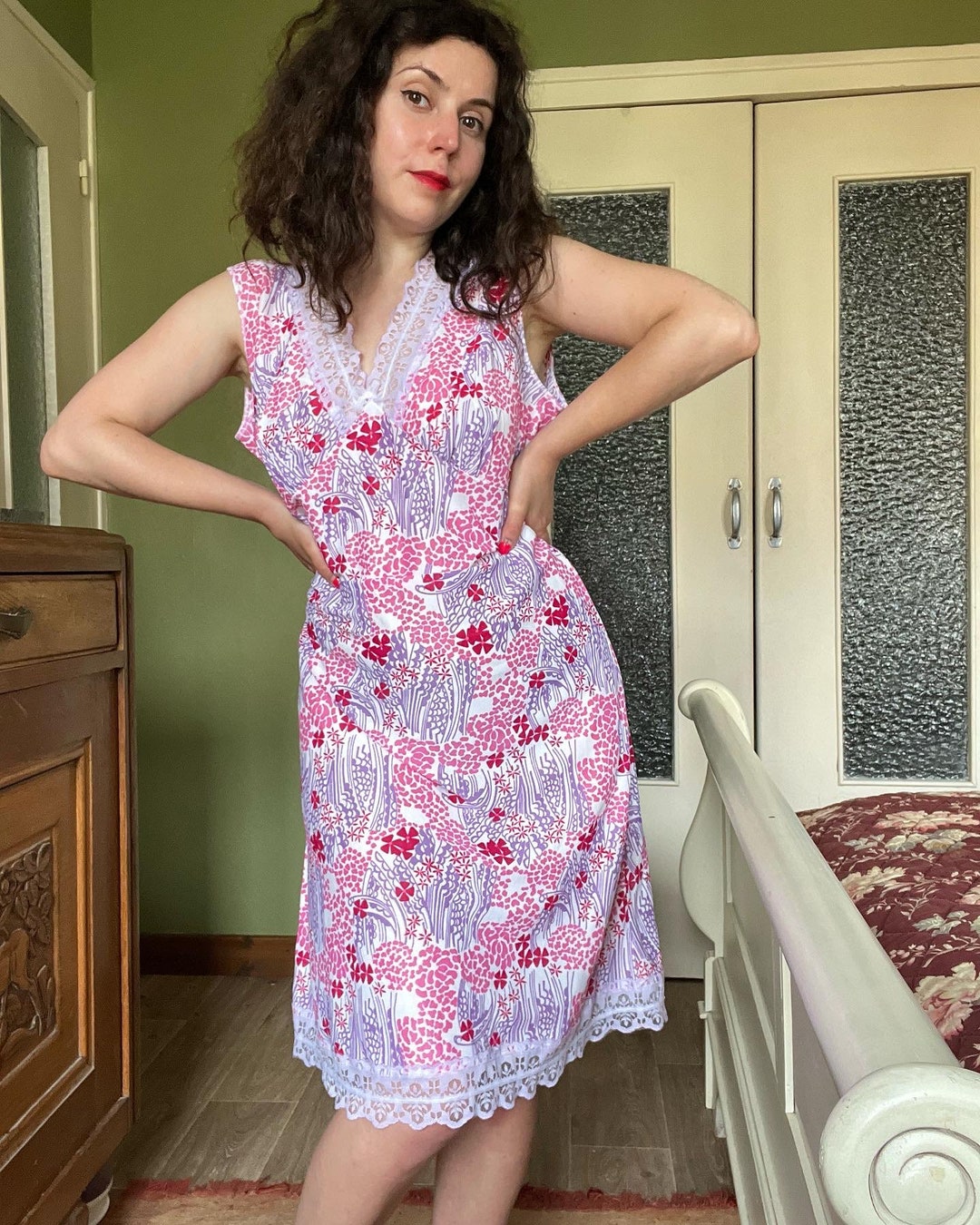 Vintage 60s 70s Soviet Slip Dress Purple Pink Floral Pattern Size ...