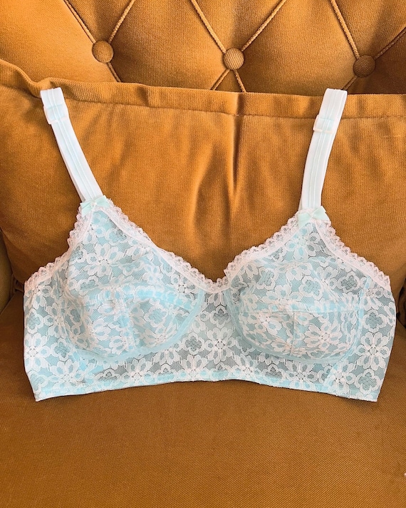 Soviet Vintage Blue Nylon and Lace Bullet Bra 60s 70s… - Gem