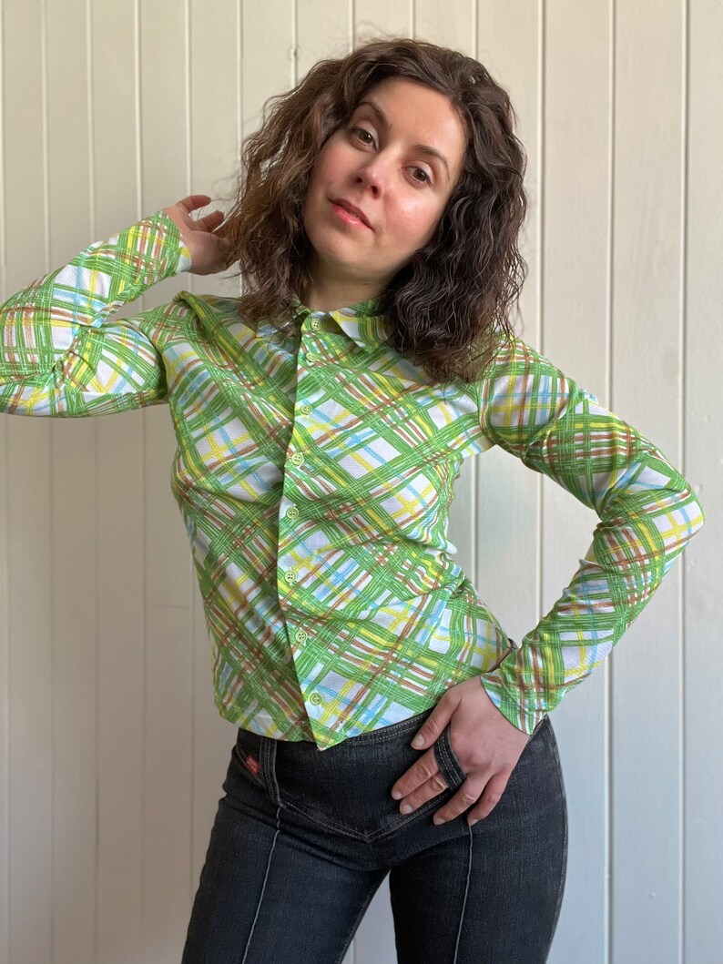 Vintage 90s Do 70s SISLEY Green White Argyle Blouse - Size Small - Y2K ...