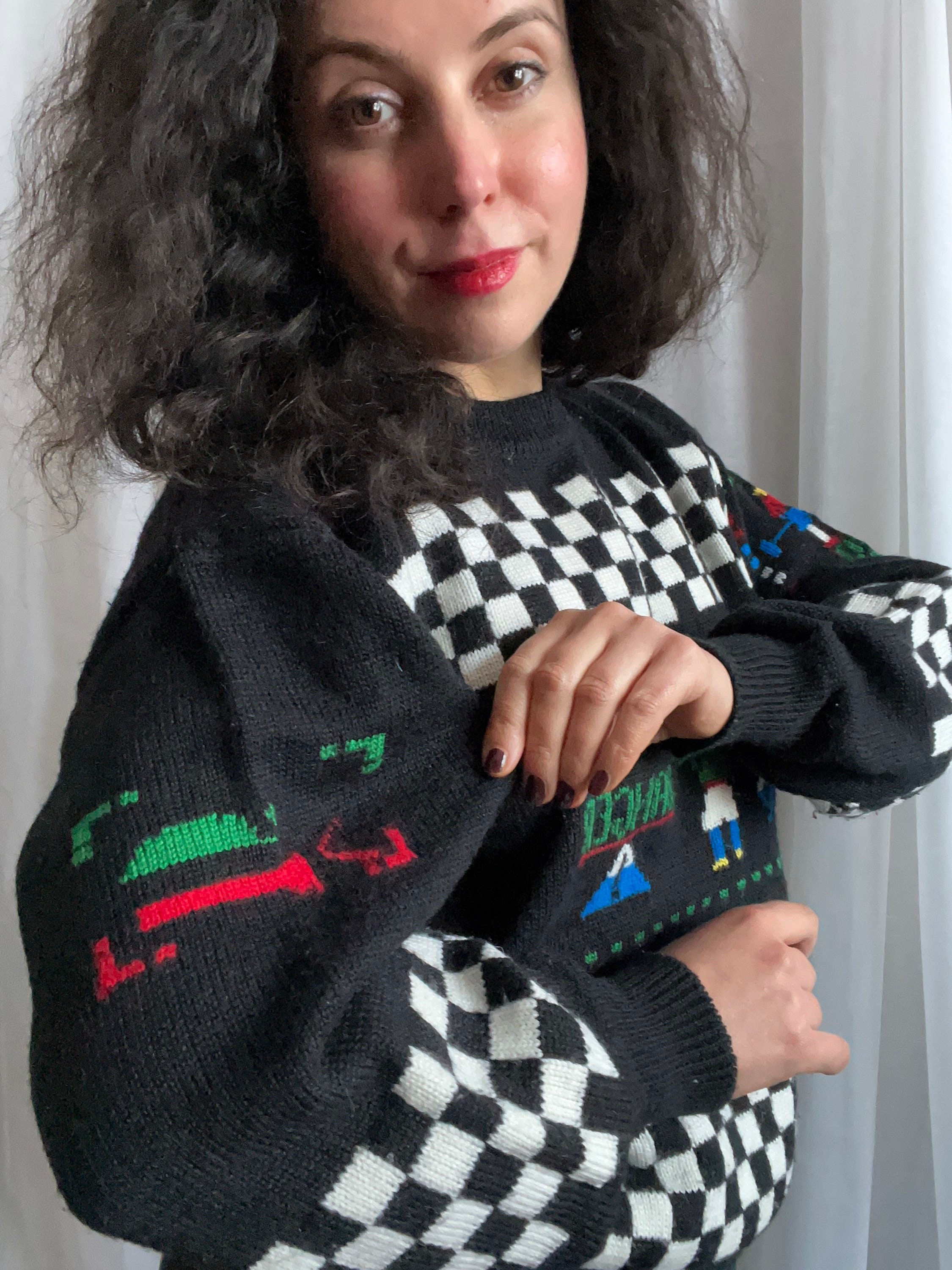 Vintage Novelty Sweater 90s DANGER Black White Checked Knitted Jumper ...