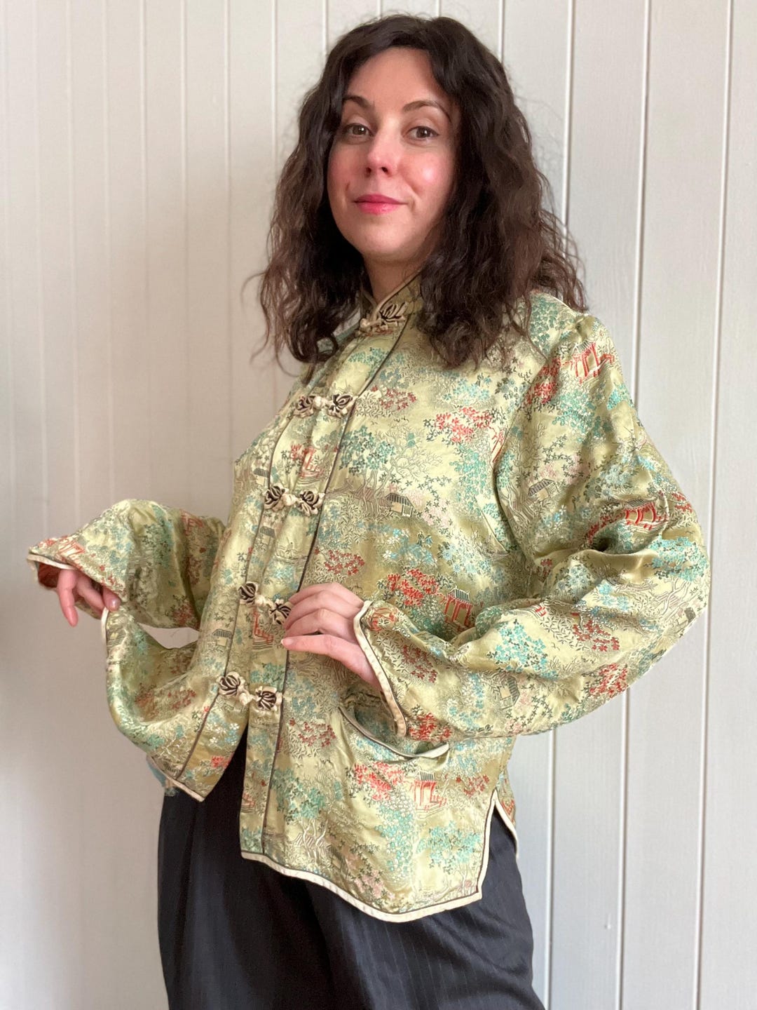 Vintage Olive Satin Chinese Blouse Size Small Medium Traditional Asian ...