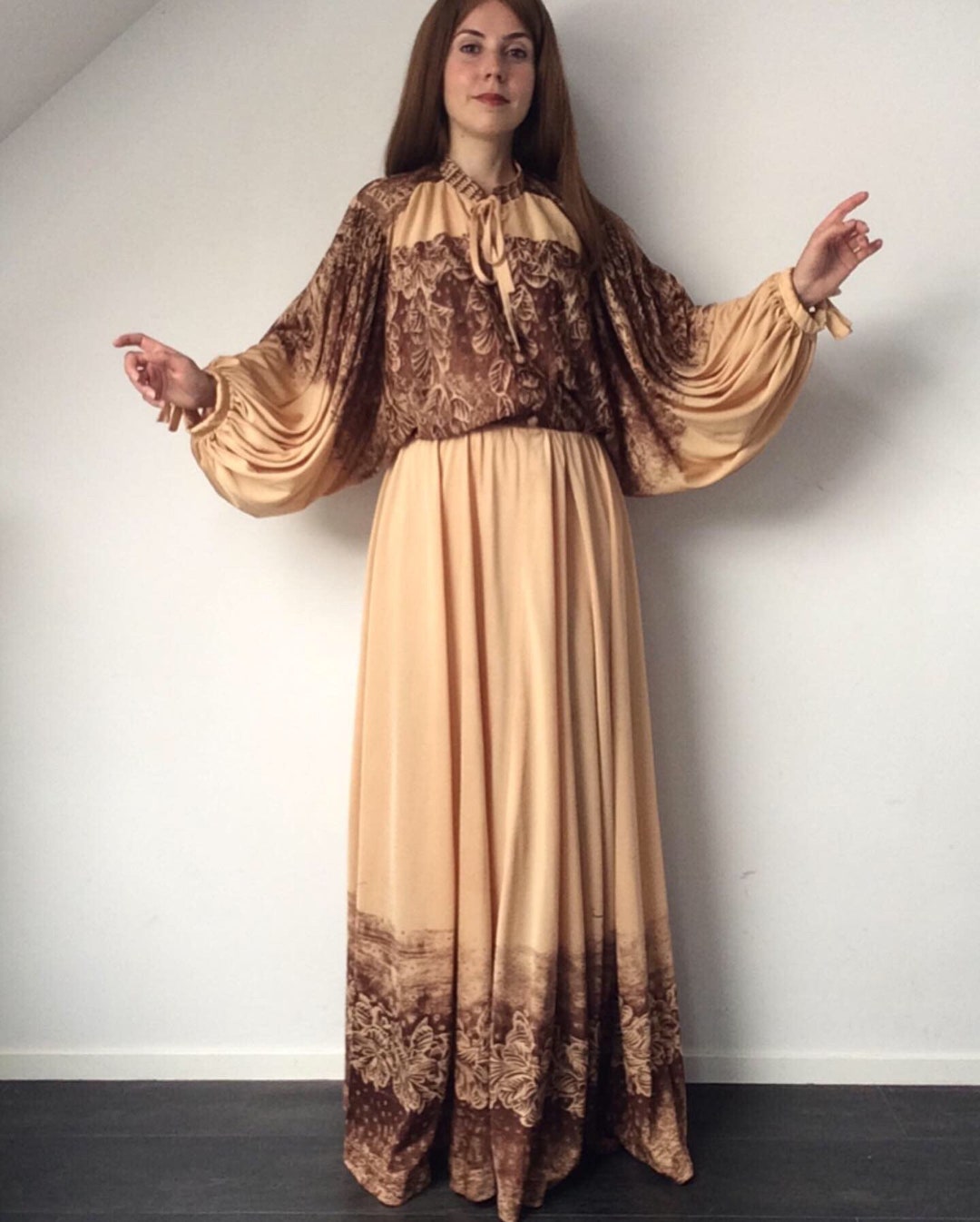 70s PRINCESS RASPANTI Beige Brown Silk Jersey Dress SIGNATURE Print ...