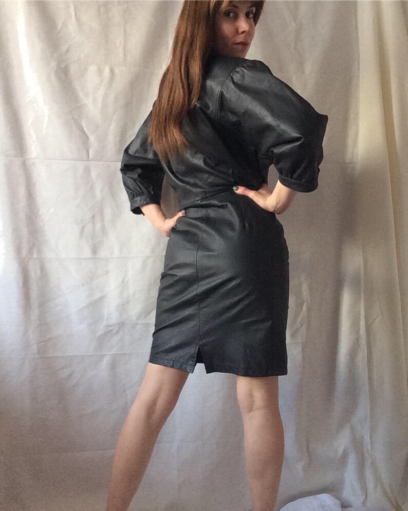 1980s Black LEATHER Dress Leather Balloon Sleeves Dress | Etsy