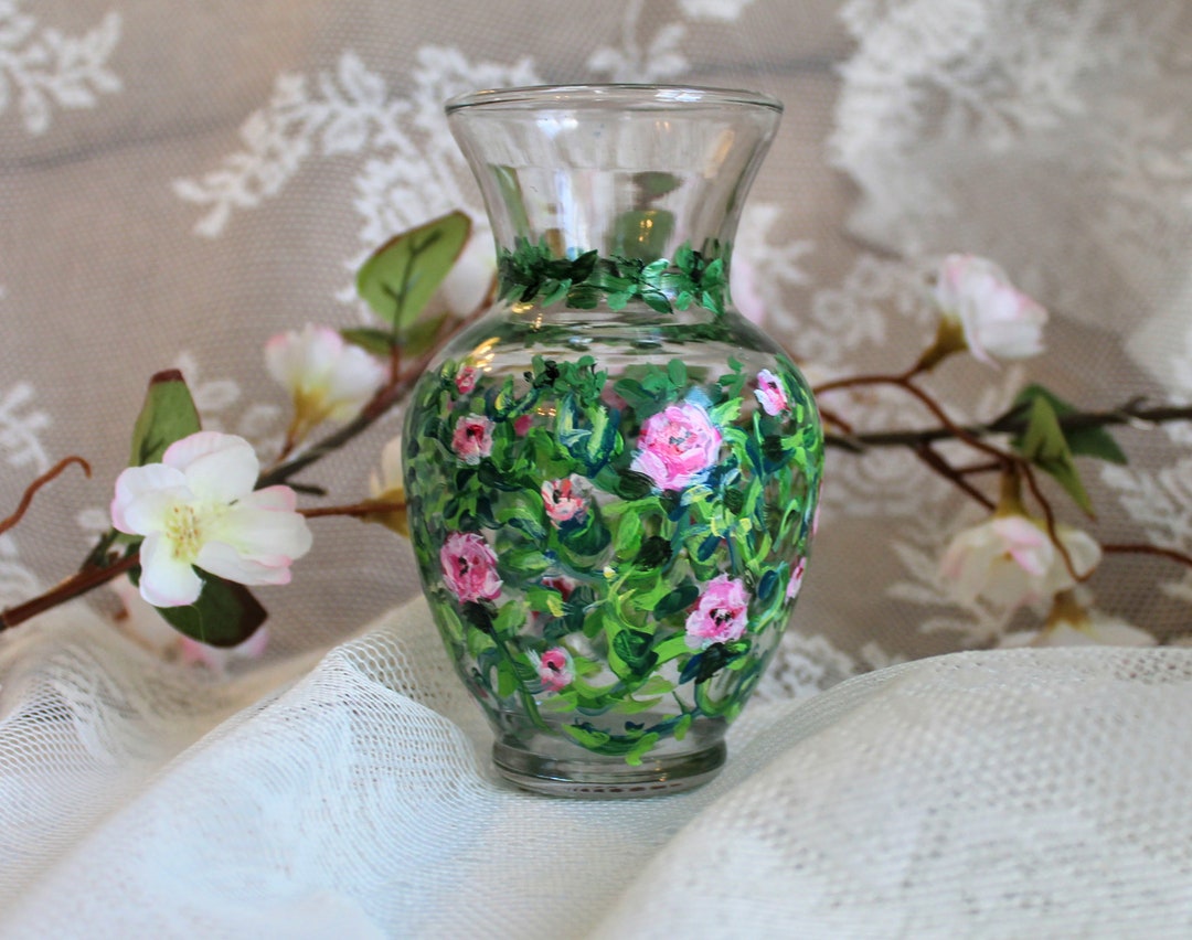 Rose Vine Hand Painted Mini Glass Vase//5.5 Inch by 3.5 Inch Vase ...