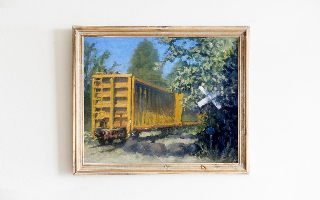 Train Railroad Art Print Railway Landscape Artwork Yellow Rural Giclee ...