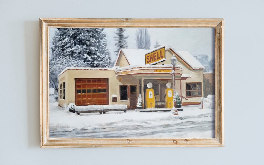 Snowy Shell Station Painting - Original Oil on Canvas - 30"x20 ...