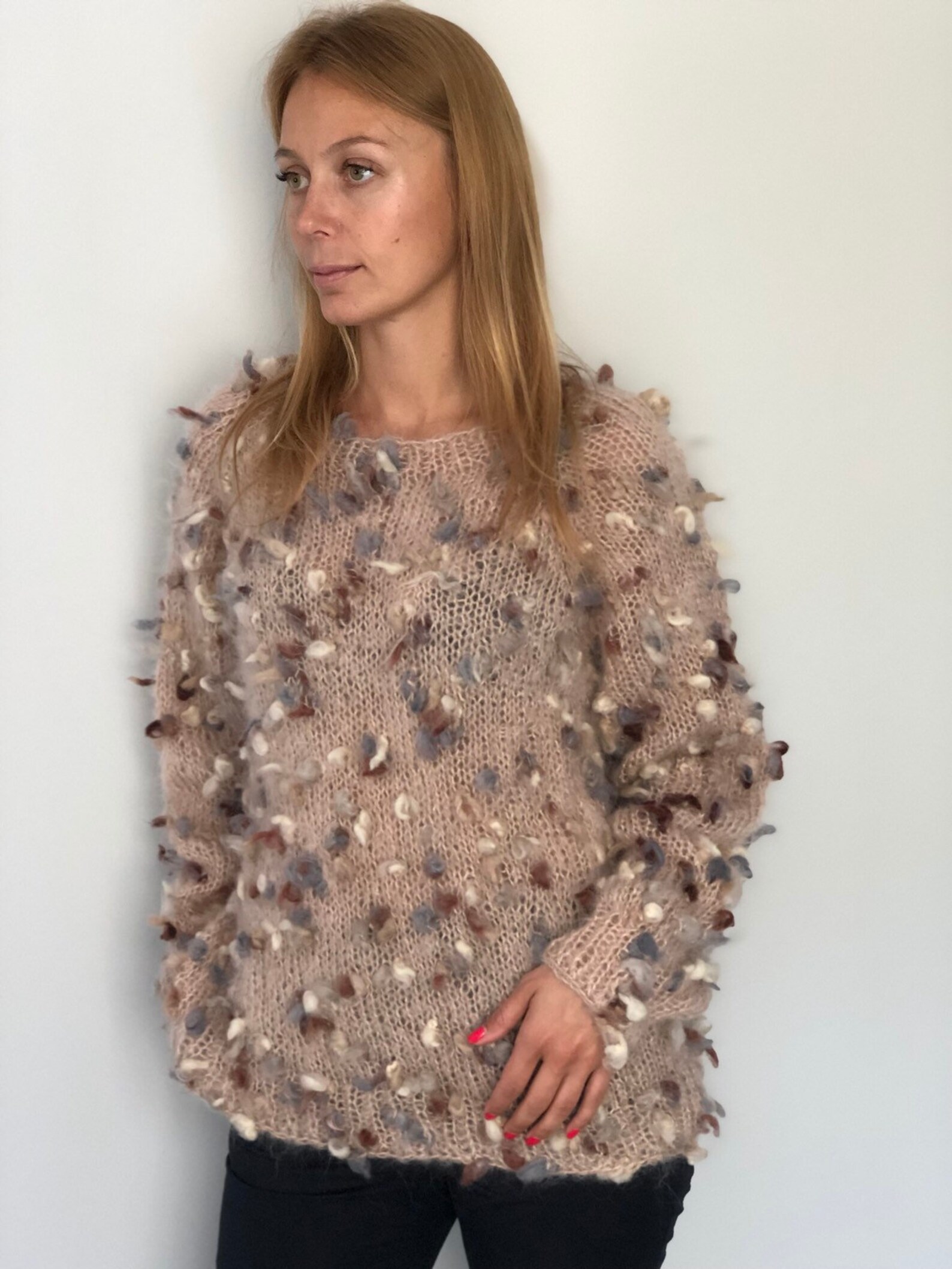 Beige Mohair Sweater, Colorfull Sweater, Wool Sweater, Beige Pullover ...