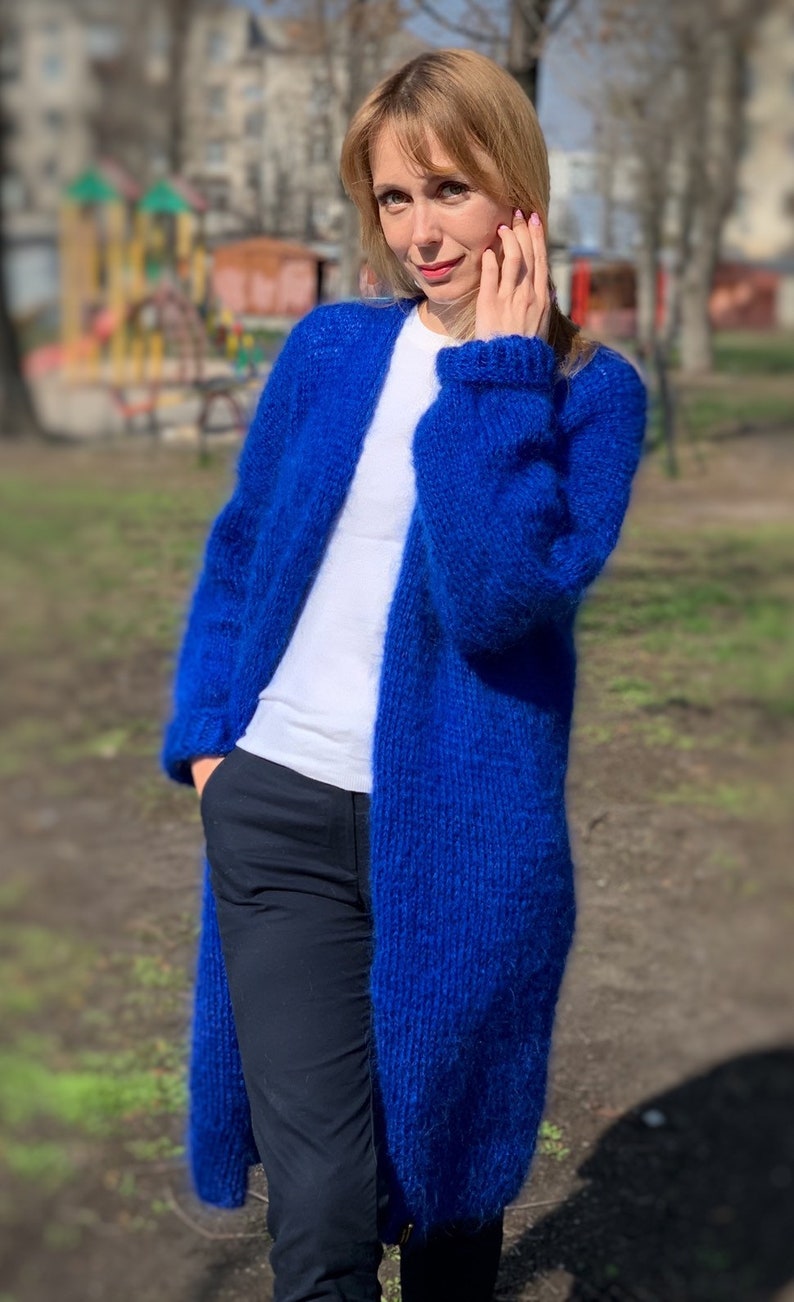 CARDIGAN Women Mohair Blue, Wool Long Cardigan, Mohair Cardigan, Chunky ...
