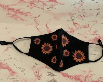 Black Face Mask / Sunflower / Flower / Face Mask / Hand Made / Cotton ...
