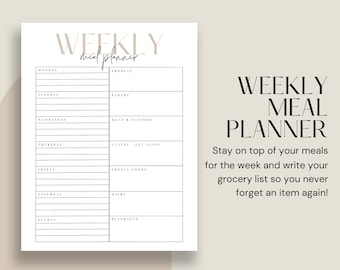 Minimalist Meal Planner Printable, Instant Download, Weekly Meal Prep ...