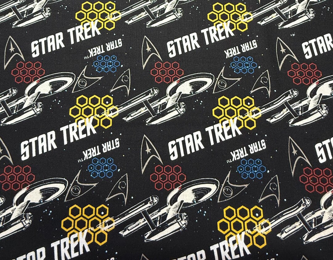 Star Trek Cotton Fabric Star Ship Enterprise Black Red Yellow Blue and ...