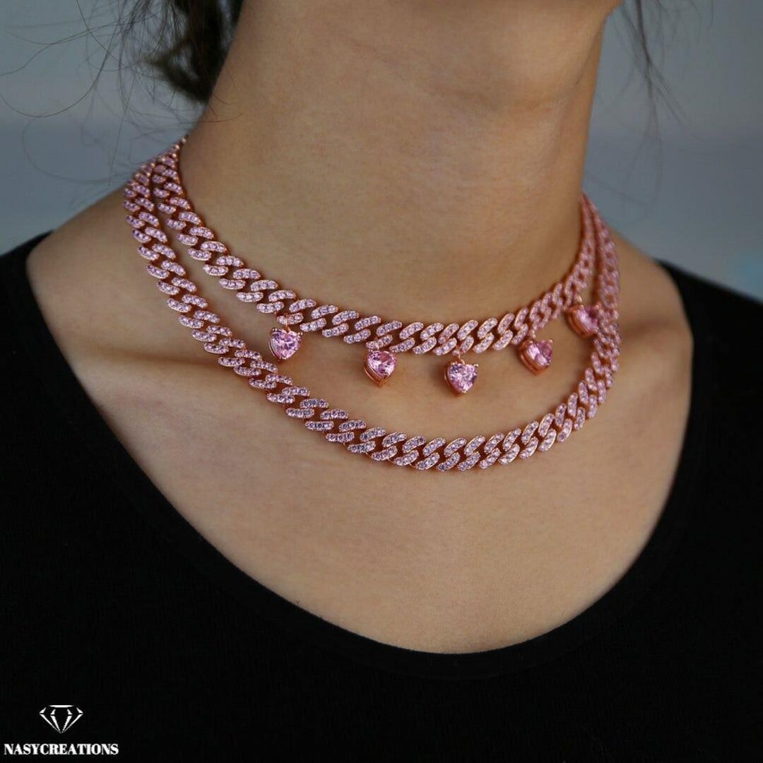 8MM Pink Miami Cuban Prong Link Moissanite Chain, 14k Gold Filled, VVS1 ...