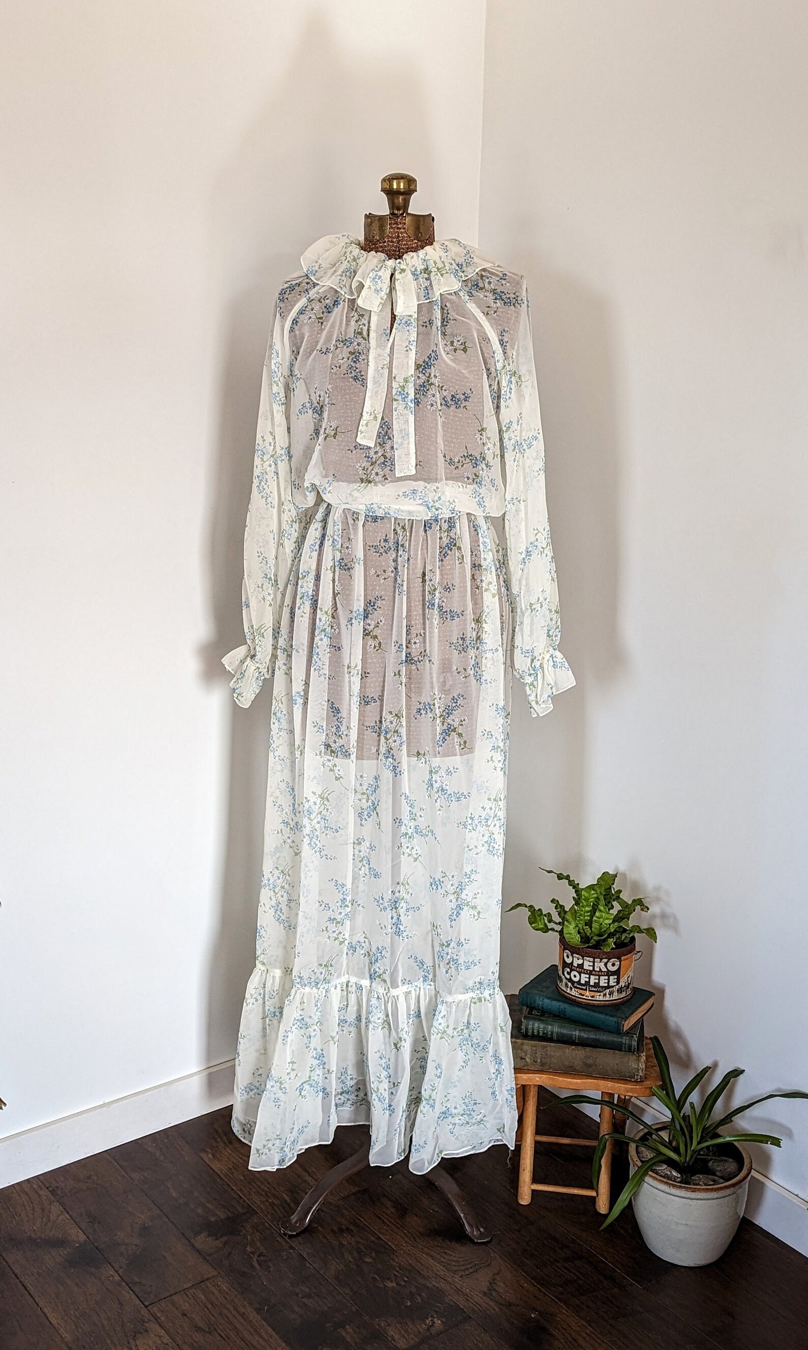 70s White & Blue Floral Cottage Core Sheer Floor Length Ruffle Dress - Etsy