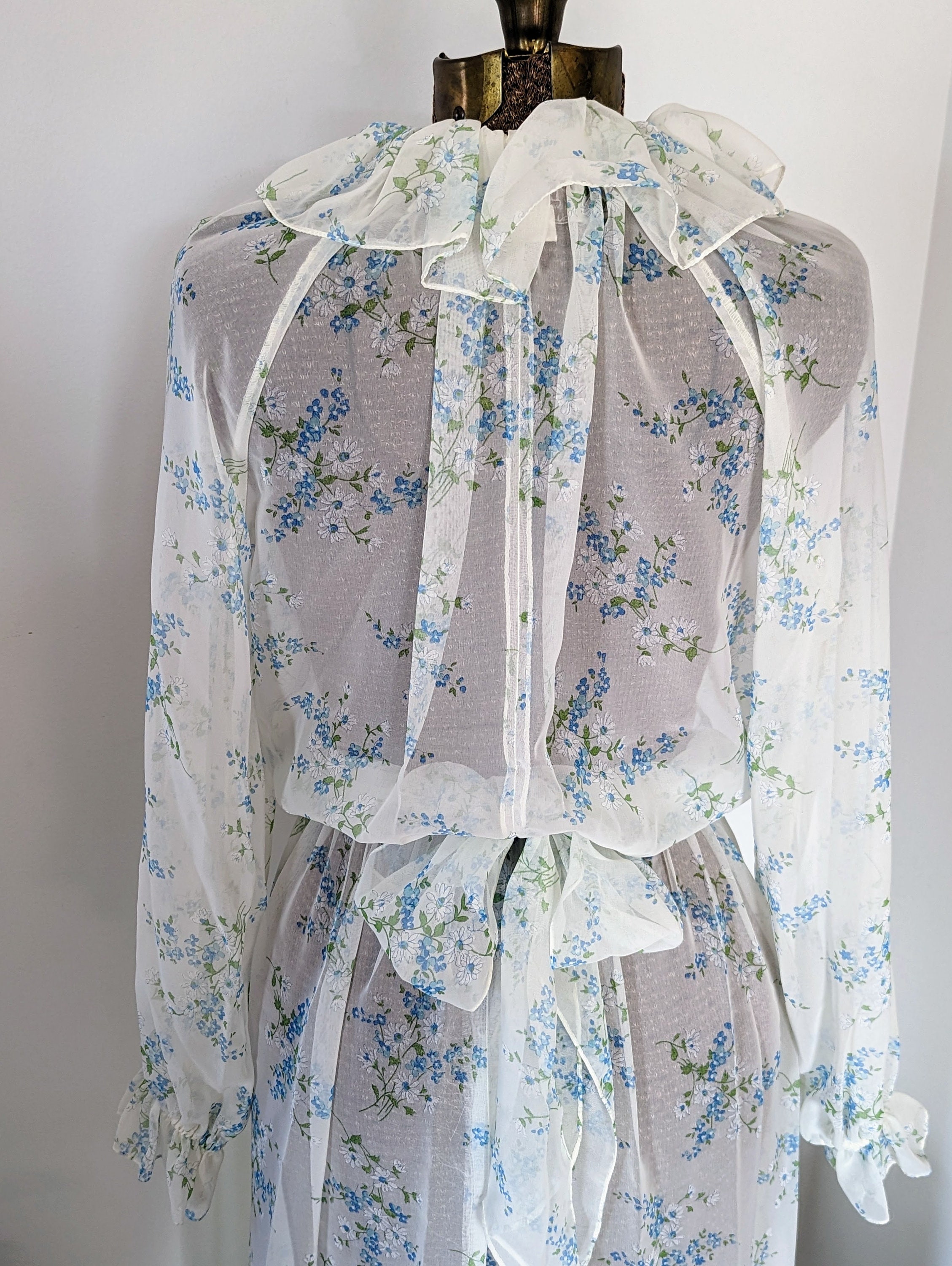 70s White & Blue Floral Cottage Core Sheer Floor Length Ruffle Dress - Etsy