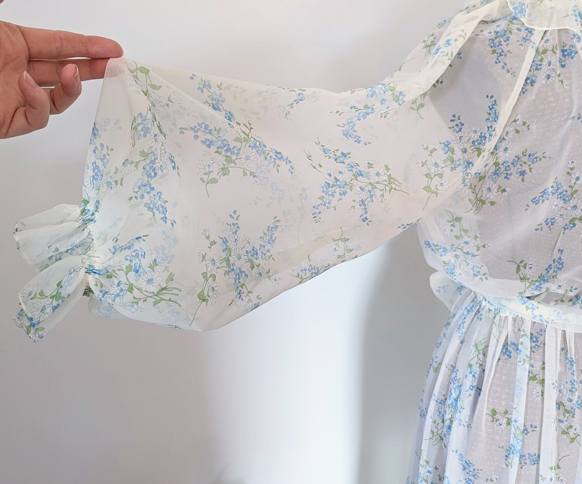 70s White & Blue Floral Cottage Core Sheer Floor Length Ruffle Dress - Etsy