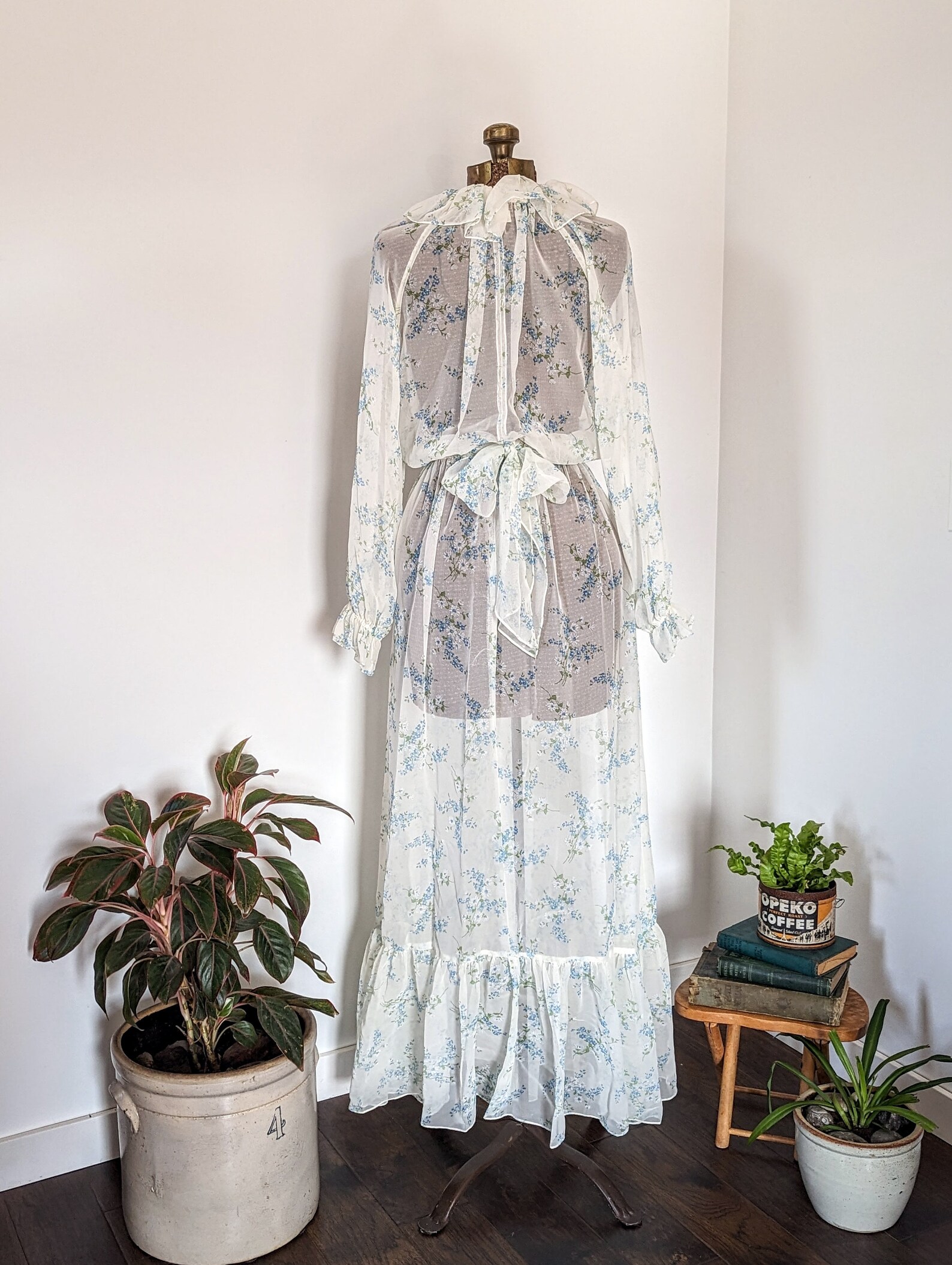 70s White & Blue Floral Cottage Core Sheer Floor Length Ruffle Dress - Etsy