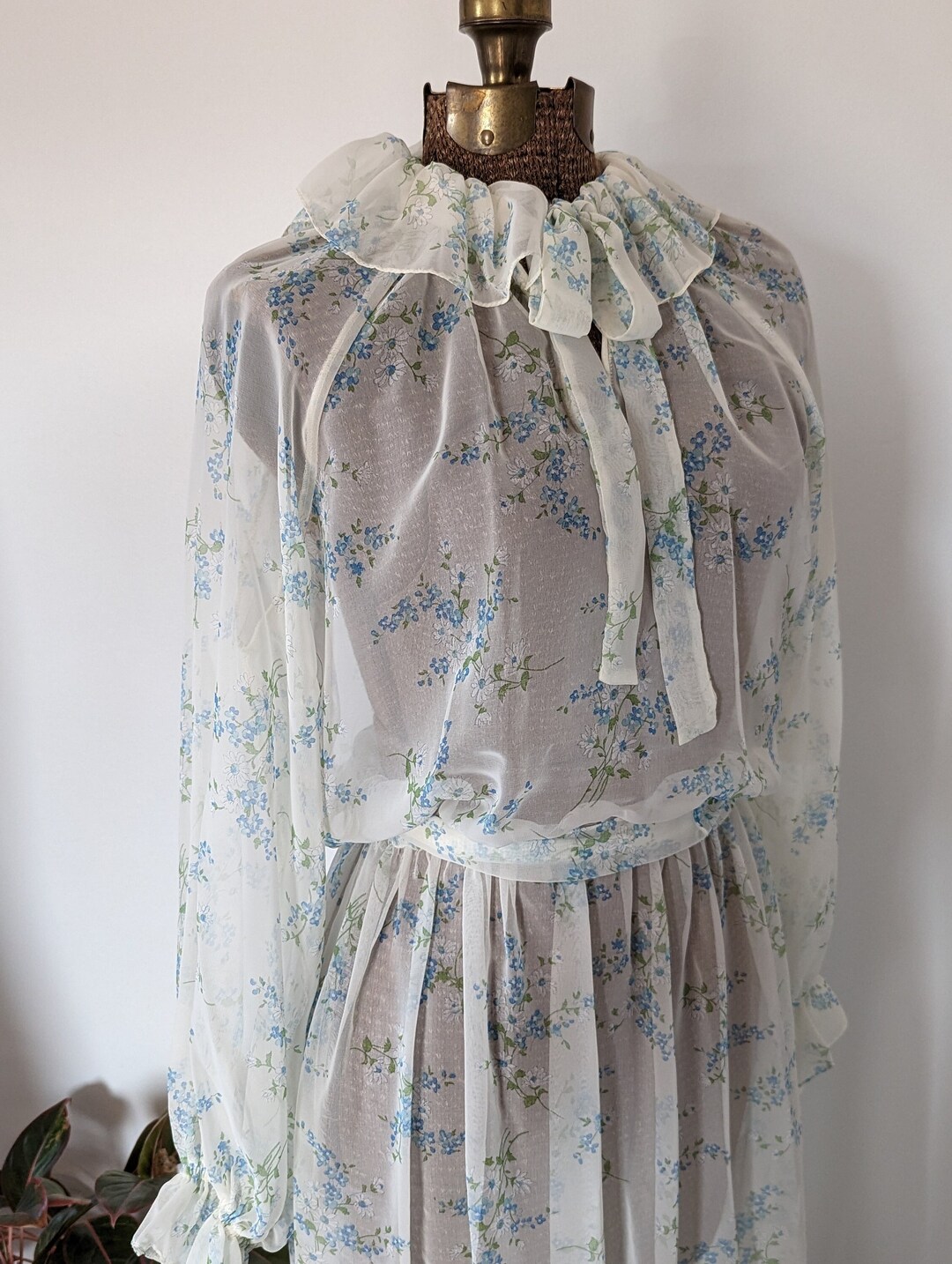 70s White & Blue Floral Cottage Core Sheer Floor Length Ruffle Dress - Etsy