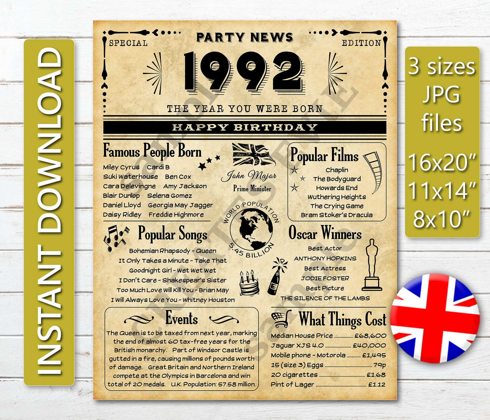Back in 1992 British Themed Printable Poster JPG Files Instant Digital ...