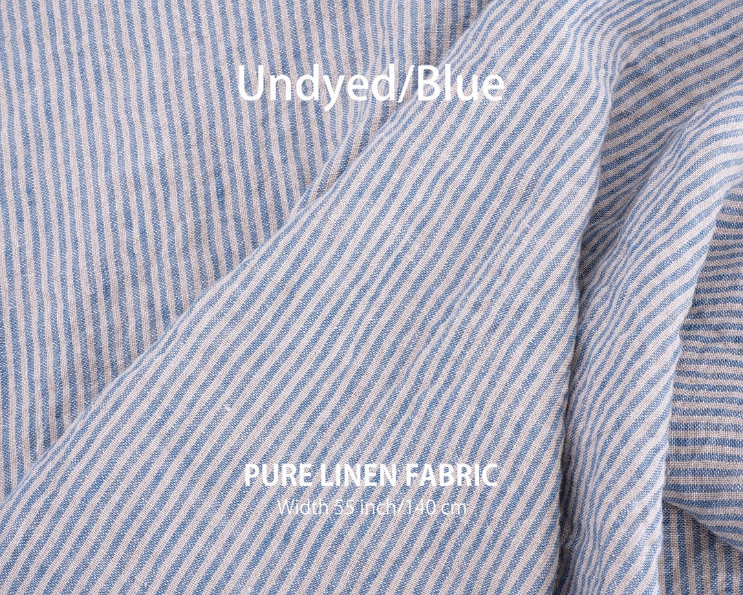 Medium Weight Linen – Undyed / Blue Striped, 100% Flax Cloth, Prewashed ...