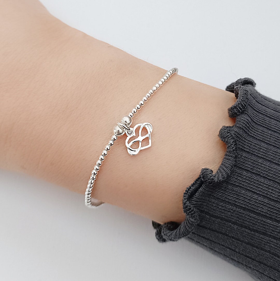 Infinity Heart Charm Bracelet Sterling Silver, Delicate Beaded Stacking ...