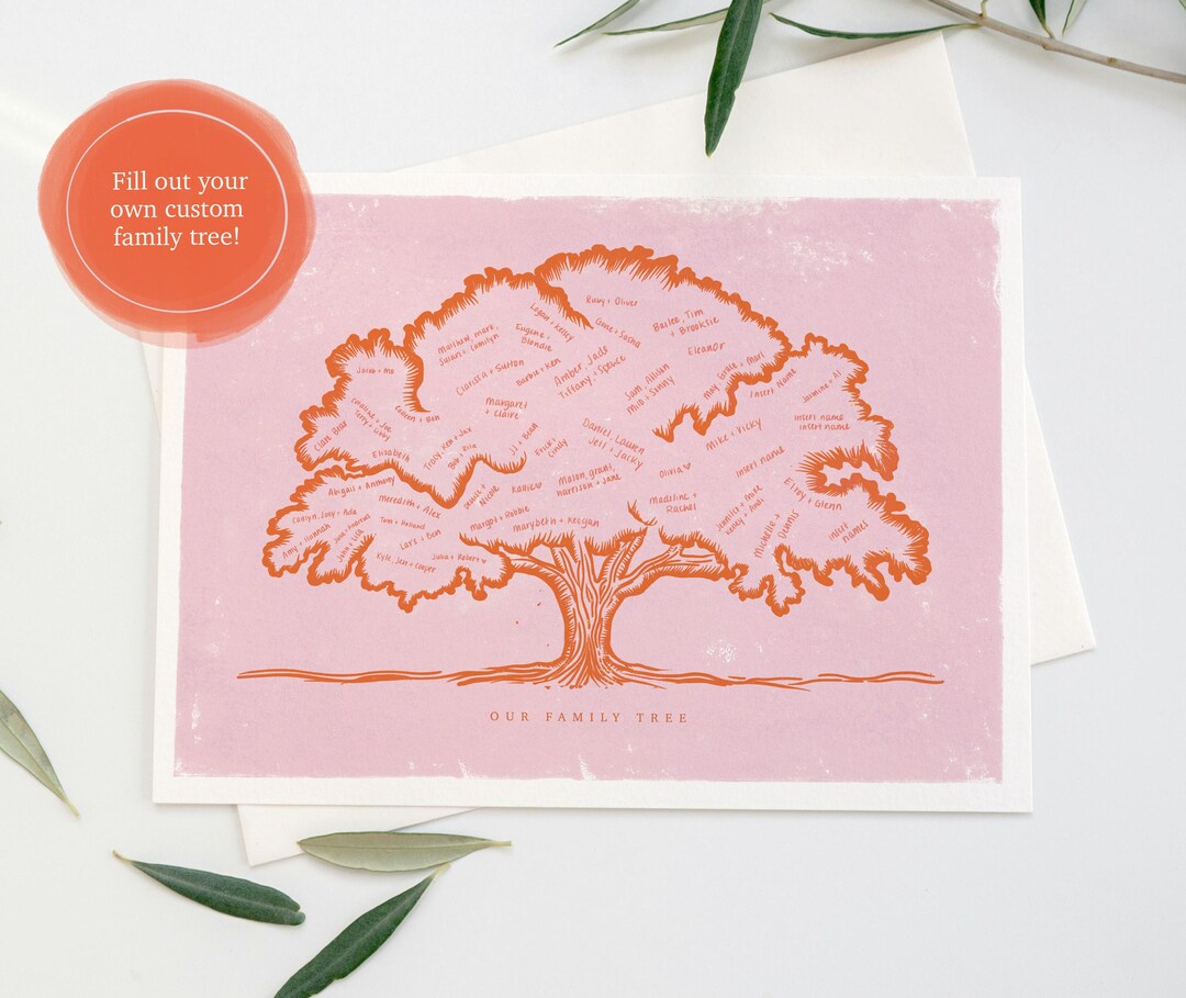 Customizable Family Tree - Pink Orange - Woodcut Print Digital Download ...