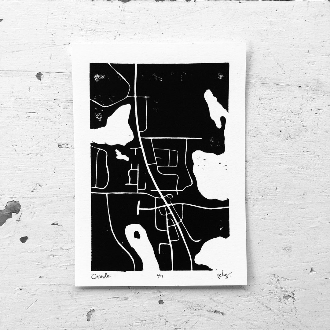 Onanole Map, Linocut, Printmaking, Town Map, Street Map, Small Town ...