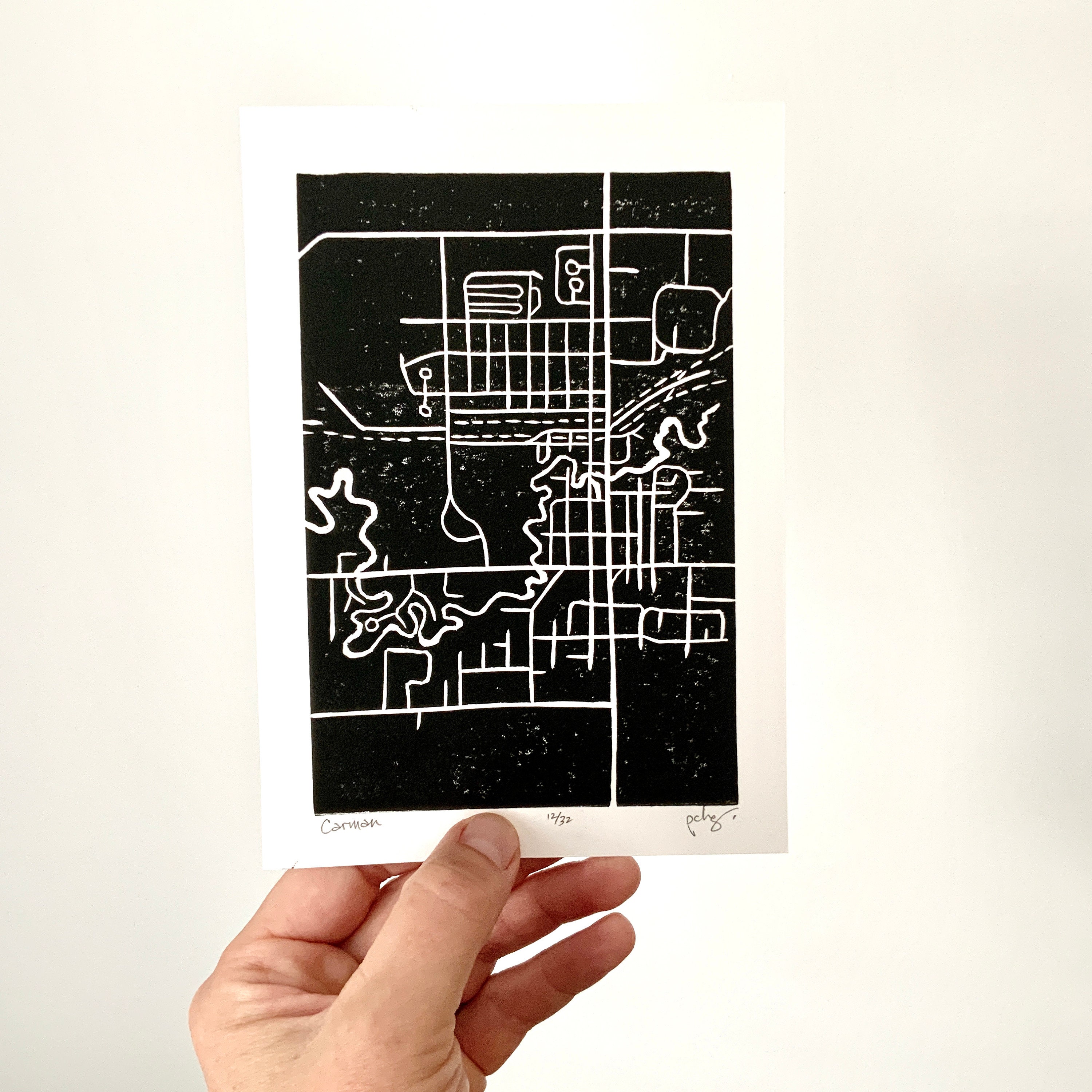 Carman Map Linocut Printmaking Town Map Street Map Small - Etsy