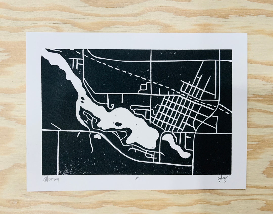 Killarney Map Linocut Printmaking Town Map Street Map - Etsy
