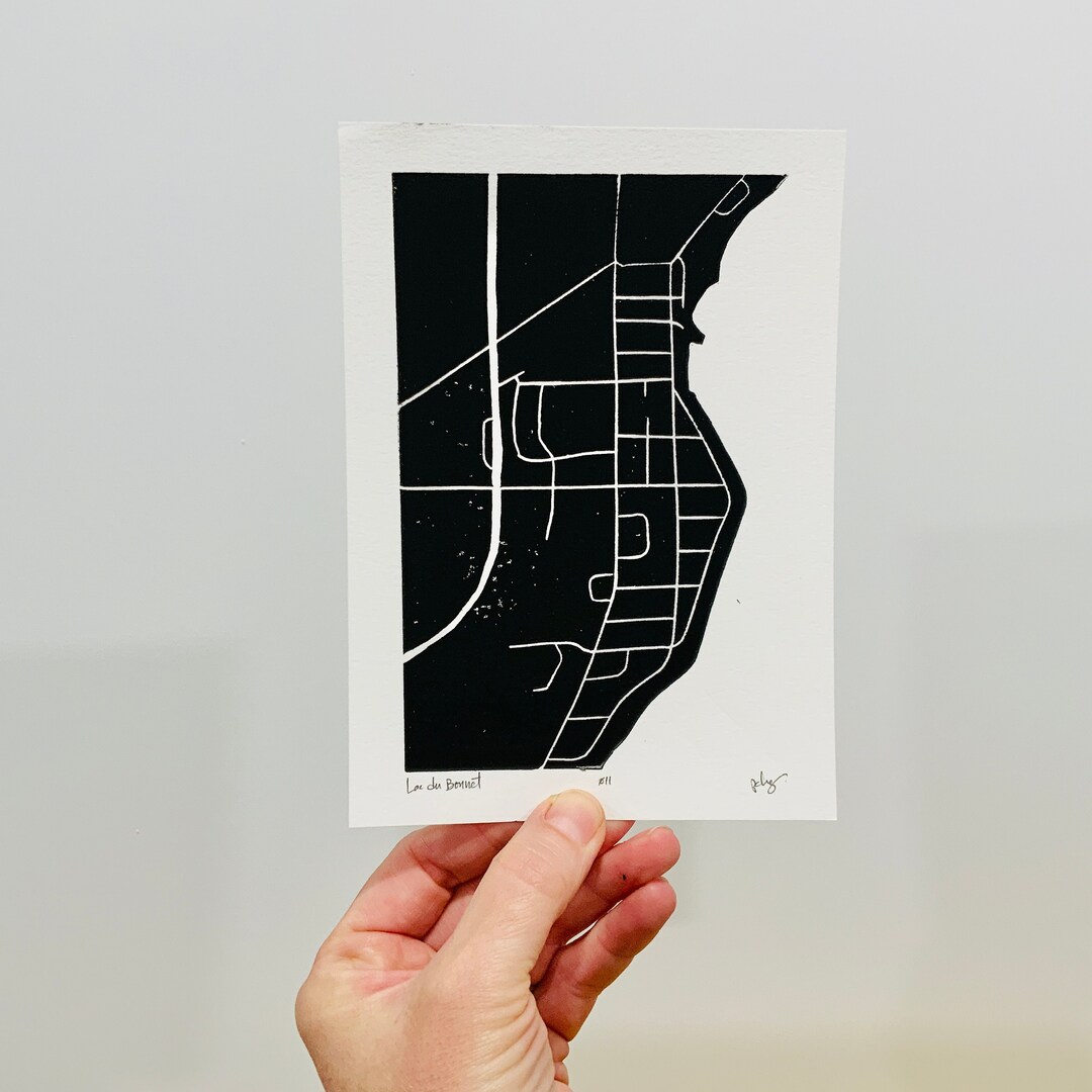 Lac Du Bonnet Map, Linocut, Printmaking, Town Map, Street Map, Small ...