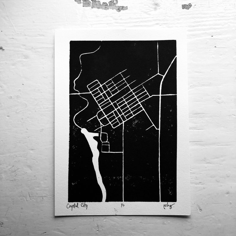 Crystal City Map Linocut Printmaking Town Map Street Map Small Town ...