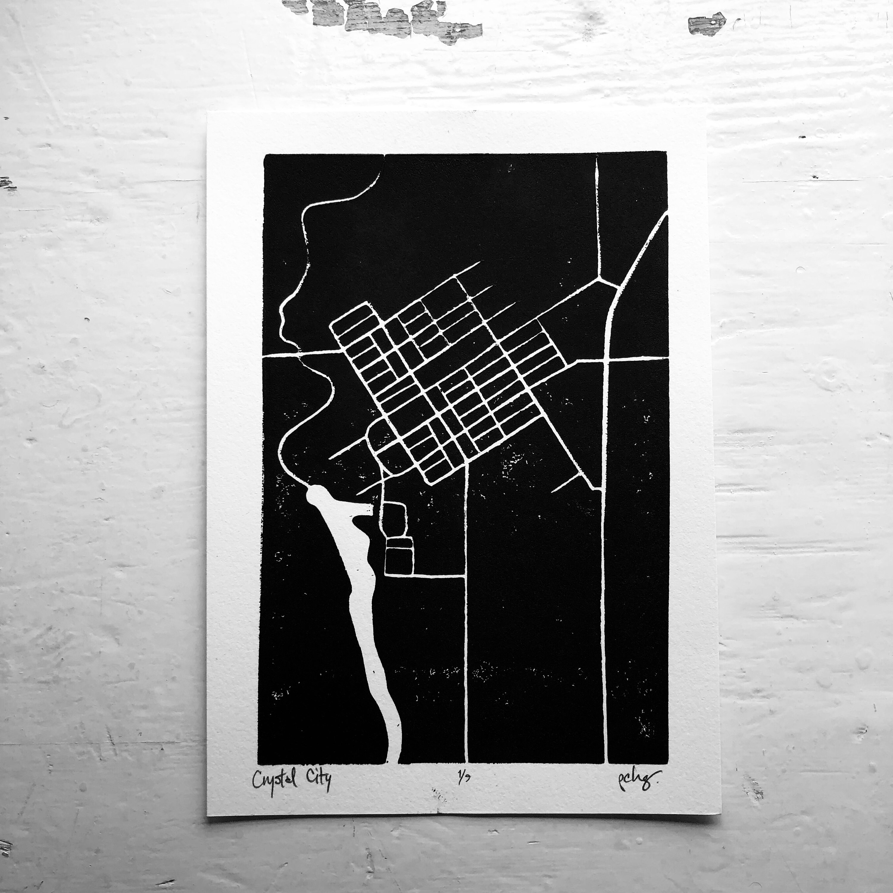 Crystal City Map Linocut Printmaking Town Map Street Map Small Town ...