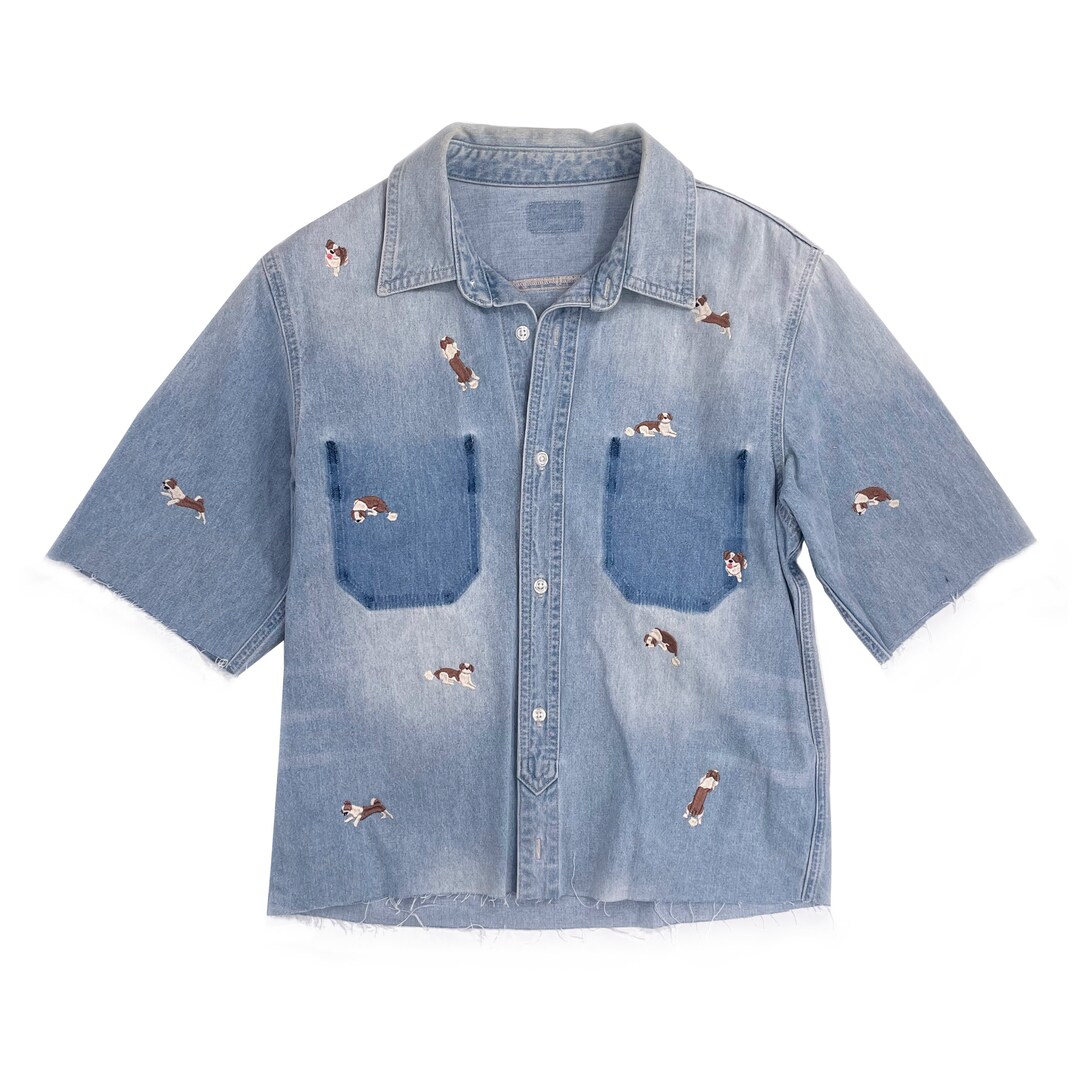 Shih Tzu Embroidery Cropped Cut off Denim Shirts - Etsy